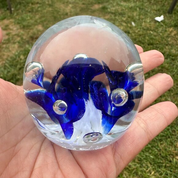 Art | Joe St Clair Glass Paperweight Cobalt Blue Trumpet Flowers | Poshmark